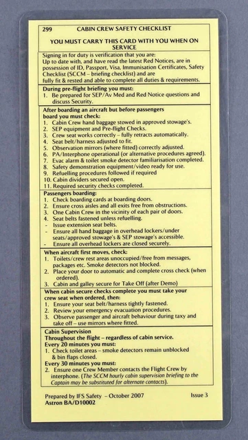 BRITISH AIRWAYS AIRLINE Safety Card Cabin Crew Safety Check List Ba ...
