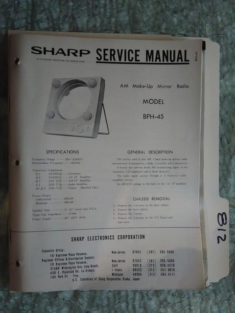 SHARP BPH-45 SERVICE manual original repair book radio make up mirror 8 ...