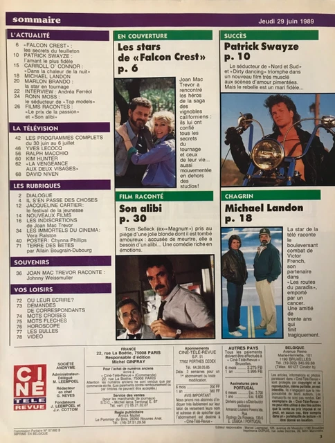 CINE REVUE N°26/1989-FALCON CREST-RONN MOSS-PATRICK SWAYZE-TOM SELLECK ...