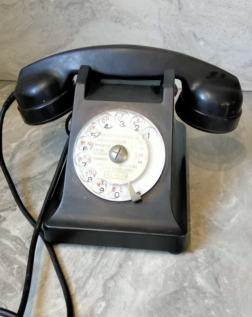ANCIEN TÉLÉPHONE BAKÉLITE Noir Cadran Tournant 1963 Avec Ecouteur ...