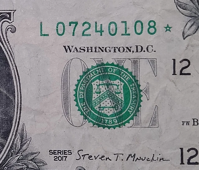 STAR NOTE L07240108* $1 one dollar bill series 2017 san Francisco FW ...