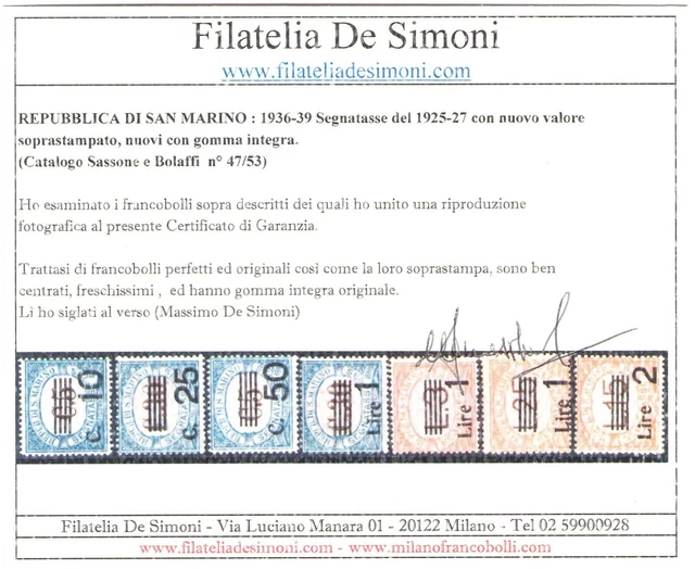 1936-39 SAN MARINO, Tax Marker No. 47-53, Complete Set 7 Values, MNH ...