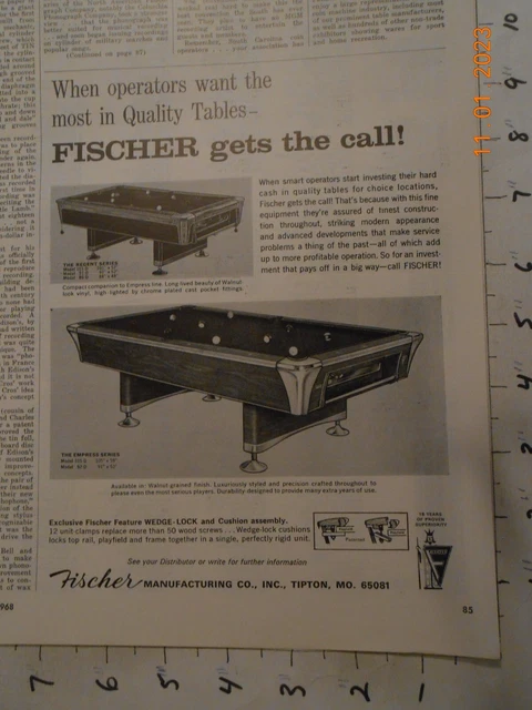 1968 FISCHER MANUFACTURING CO Tipton MO pool billiards table vintage ...