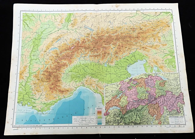 1945 WW2 MAP of Switzerland Physical The Swiss Alps Alpine World War 2 ...