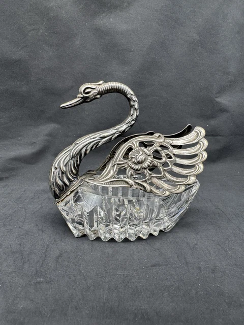 VINTAGE 835 MARKED Silver and Glass Swan Form Master Salt Cellar, 4 1/4 ...