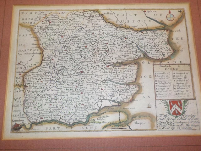 1715 RICHARD BLOME Hand Coloured Map Of The Hundreds Of Essex To Josia ...