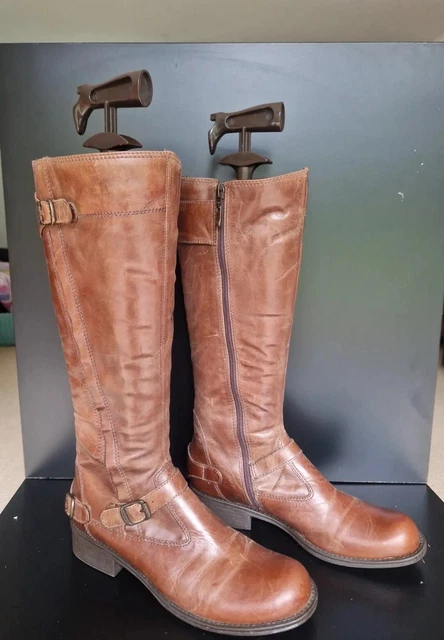 FAITH TAN BROWN Leather Flat Knee High Boots UK 6 Rustic Riding Boots £ ...