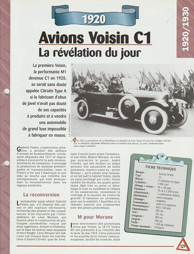 AVIONS VOISIN C1 1920 Fiche Technique Renseignement Auto Collection Car ...