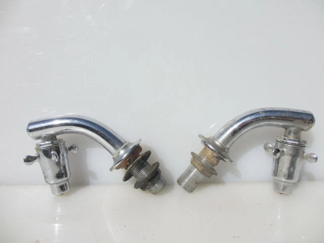 VINTAGE CHROME BRASS Bath Taps Porcelain Blue Caps Old Supa Tap Supatap ...