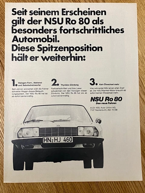 NSU RO 80 Audi Auto Union Oldtimer Original 1969 Vintage Advert Werbung ...