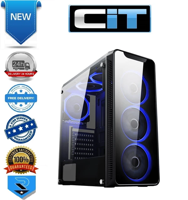 CIT BLAZE ATX Mid-Tower Gaming Case 6 x Single Ring Blue Fans Tempered ...