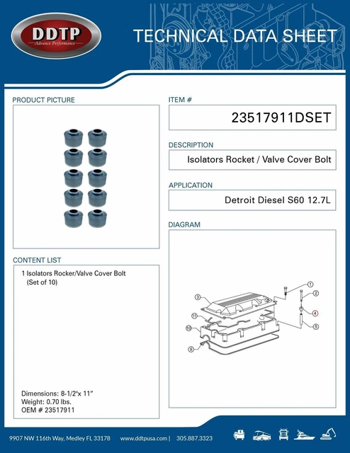 BOULON ISOLANT BASCULEUR/VANNE boulon Detroit Diesel S60 12,7 L (lot de ...