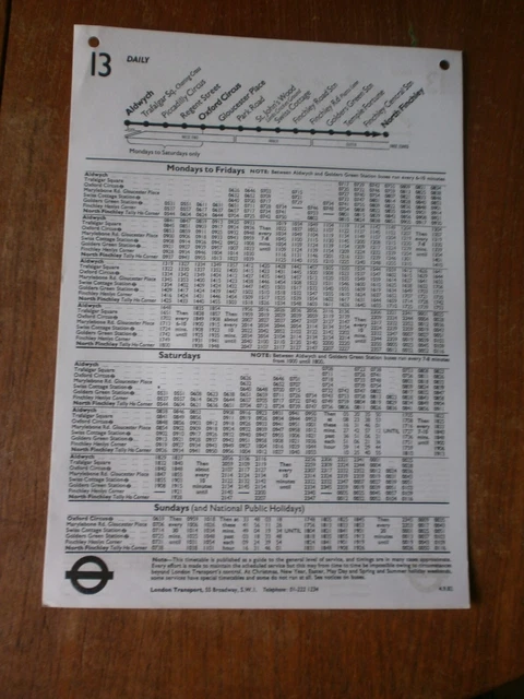 LONDON TRANSPORT BUS Stop Timetable Panel-Route 13, 1982 £1.50 ...