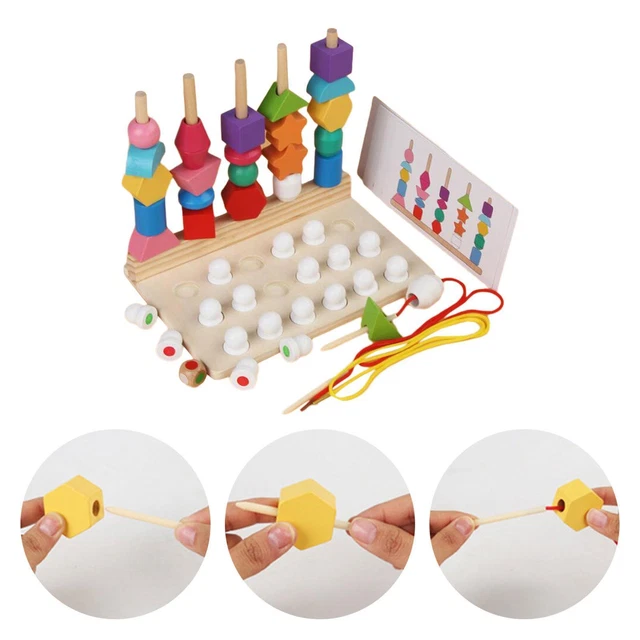 WOODEN BEADS SEQUENCING Toy Set Montessori Threading Toys for Children ...