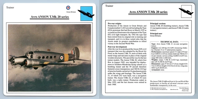 AVRO ANSON T.MK 20 Series - Trainer - Warplanes Collectors Club Card $2 ...