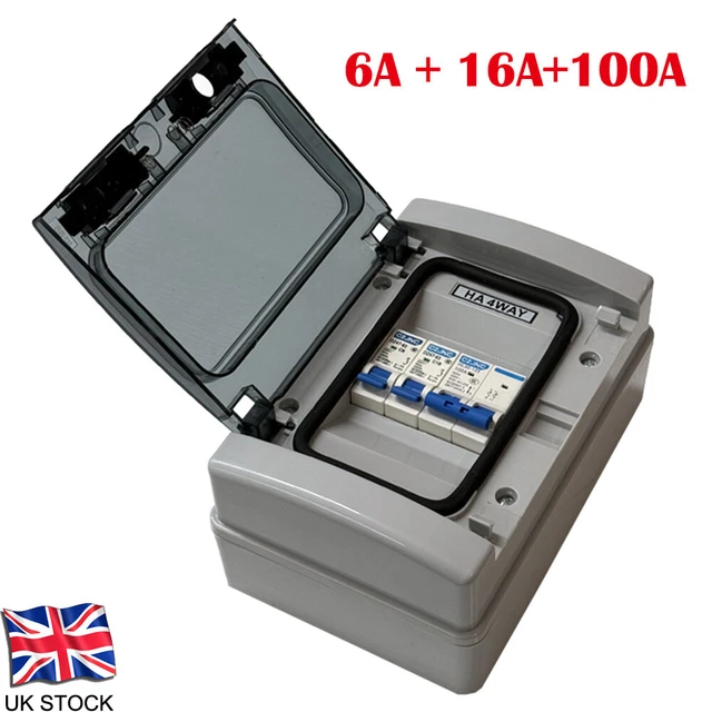 CONSUMER UNIT 6A+16A Mcb 100A Isolator 4Way Weatherproof Garage Shed ...