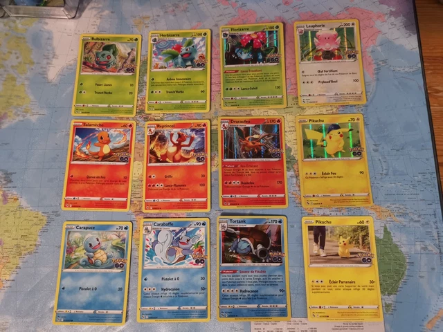 CARTE POKÉMON LOT de 12 cartes dont holo Pokémon GO Starters + Pikachu ...