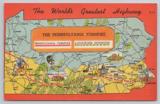 WORLD'S GREATEST HIGHWAY Pennsylvania Turnpike Map PA 1940s Postcard £3 ...