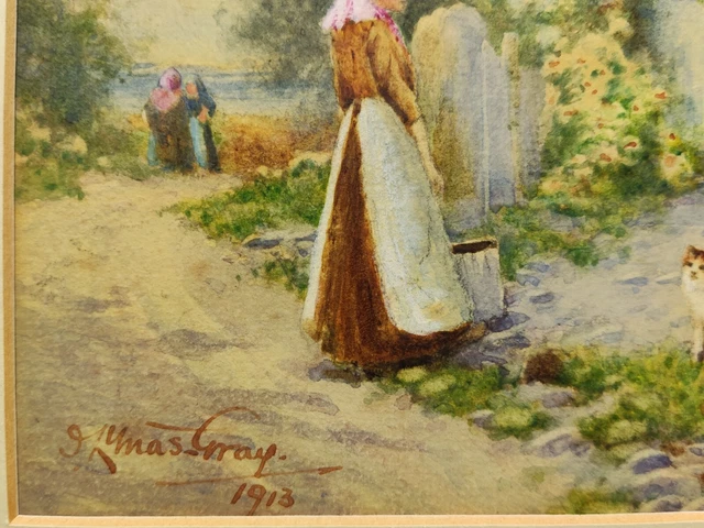 JOHN LYNAS GRAY Original Antique Watercolour Painting Woman & Cat ...