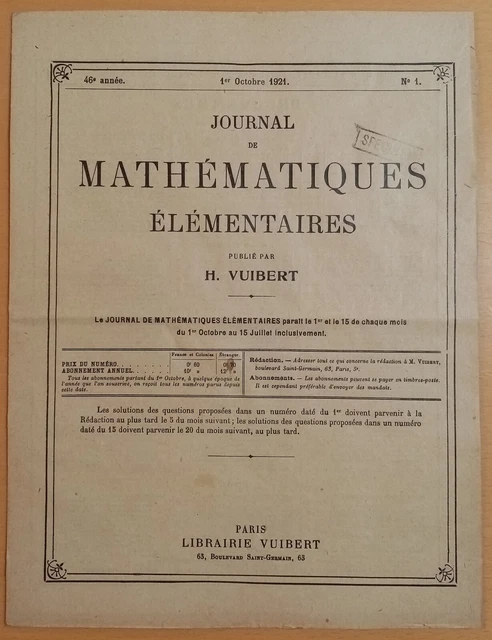 MATHS - JOURNAL de mathématiques élémentaires, 46e année, n°1 - 1921 ...