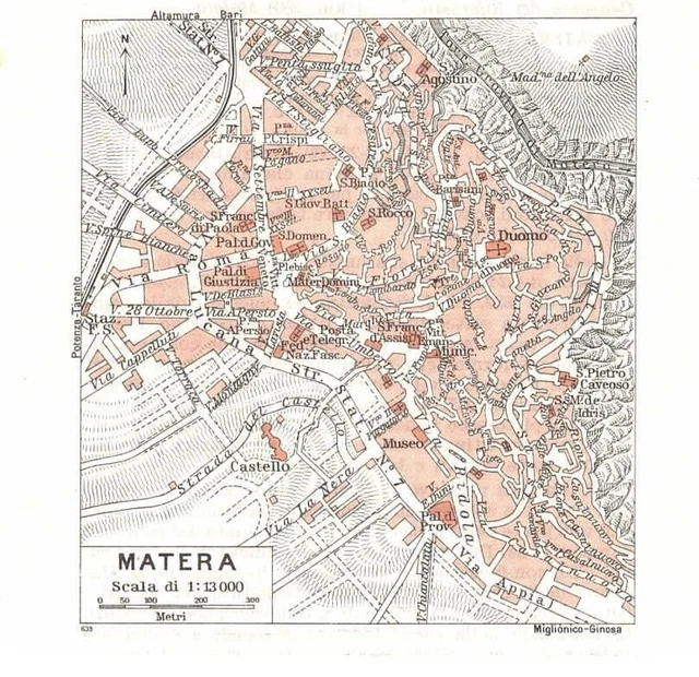 CARTA GEOGRAFICA ANTICA MATERA minuscola pianta della città TCI 1940 ...