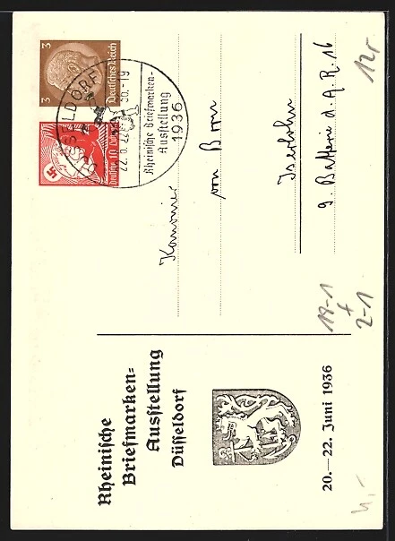 KÜNSTLER-AK DÜSSELDORF, BRIEFMARKEN-AUSSTELLUNG 1936, Luftpostgrüße, Ganzsache EUR 13,00 ...