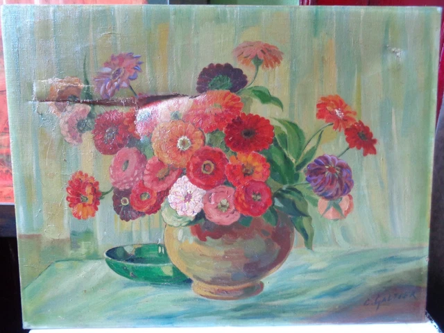 TABLEAU ANCIEN BOUQUET de Fleurs Huile sur toile signé a restaurer EUR 9,50 - PicClick IT