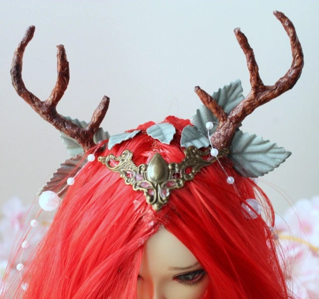 MINIFEE DOLL WIG with deer horns 10’’ fairy red curl 1:4 scale MSD MNF ...