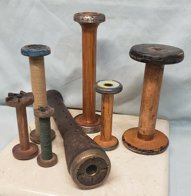 VINTAGE WOODEN INDUSTRIAL Thread Spool Bobbin Sewing Spindle Bundle LOT ...