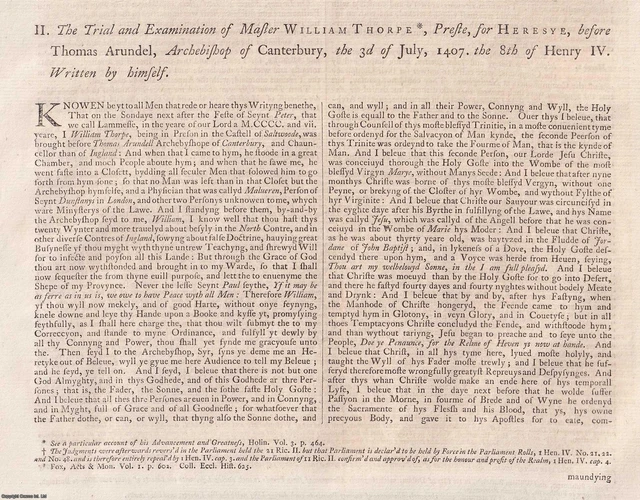HERESY TRIALS. THE Trial & Examination Of Master William Thorpe, Preste ...