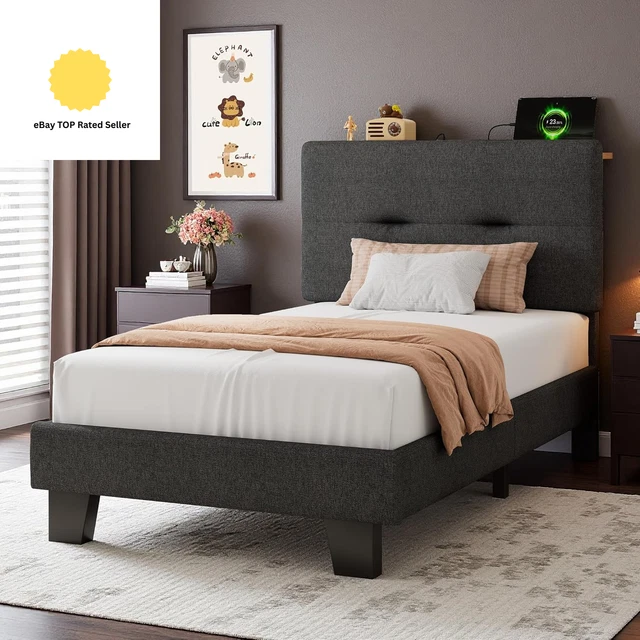 3FT SINGLE BED Frame with Storage Linen Headboard, Upholstered Single ...