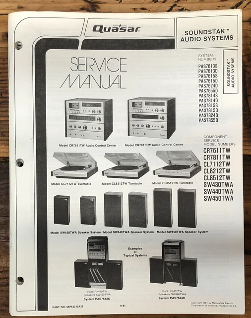 QUASAR SOUNDSTAK PAS 7613 7615 CR7611 Stereo Service Manual *Original ...
