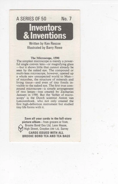 1975 BROOKE BOND Tea Inventors and Inventions card #7 The Microscope $1 ...