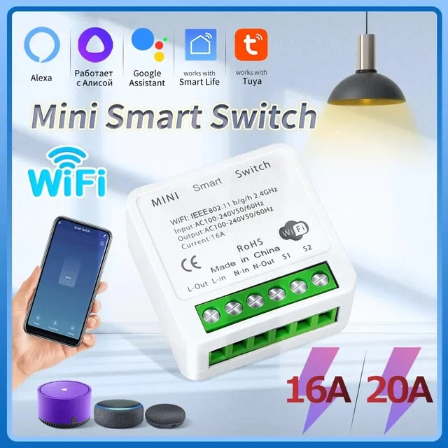 16A MINI TUYA Wifi Smart Switch 2 Way Control 20A DIY Light Switch ...