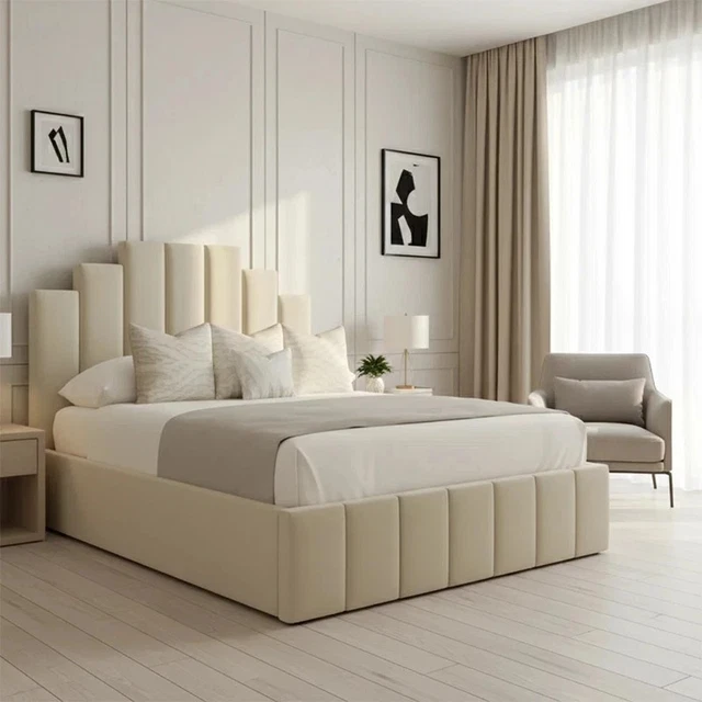 LUXURY DOUBLE CROWN Bed Frame Plush Velvet Upholstered Gas Lift Storage ...