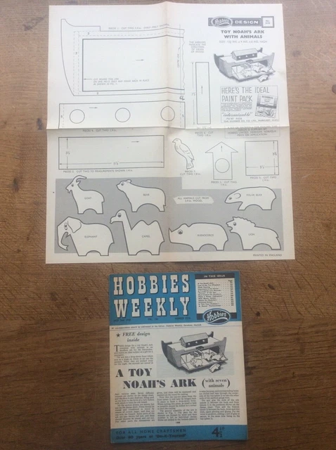 1958 HOBBIES WEEKLY Magazine Fold out Plan Design to make Toy Noah’s ...