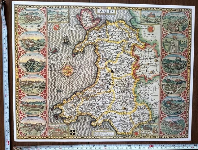 OLD TUDOR POSTER Picture map of Wales 1600s 15" x 12 Reprint Antique ...