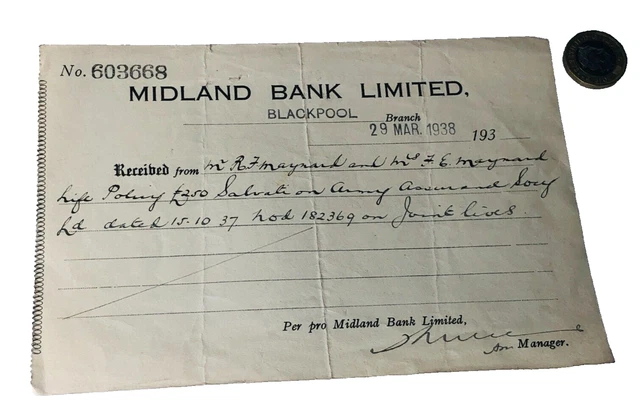 MIDLAND BANK RECEIPT 1938 Blackpool Vintage ra £17.93 - PicClick UK