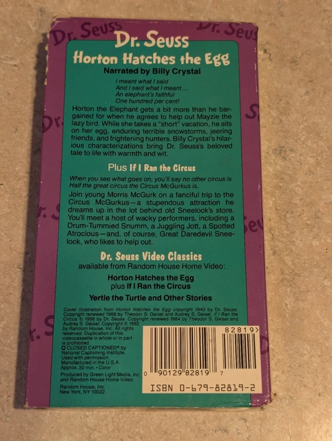 DR. SEUSS HORTON Hatches the Egg & If I Ran The Circus (VHS, 1992 ...