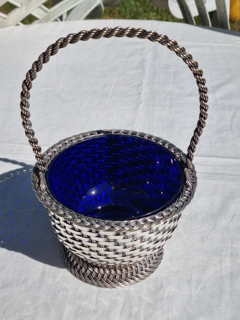 ANCIENNE BONBONNIÈRE EN Métal Argenté Tressé Bol Intérieur Bleu Cobalt ...