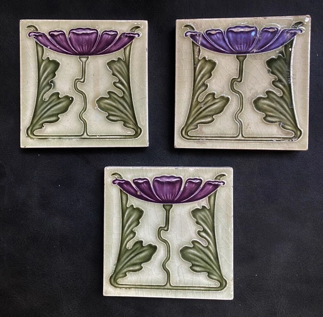 3 FLIESEN JUGENDSTIL um 1910 Kachel floral Ornament Art Nouveau Tile antik Blume EUR 39,00 ...