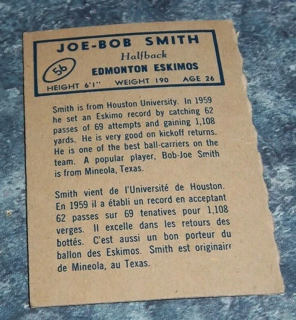 JOE BOB SMITH # 56 CFL 1962 OPC Cards version of Topps ( OPEE- CHEE ...