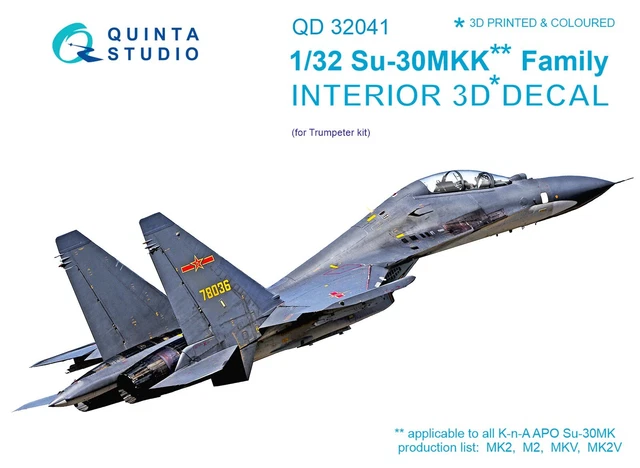 1:32 SUKHOI SU-30MKK Flanker-G Interior 3D Color Decal Quinta QD32041 ...