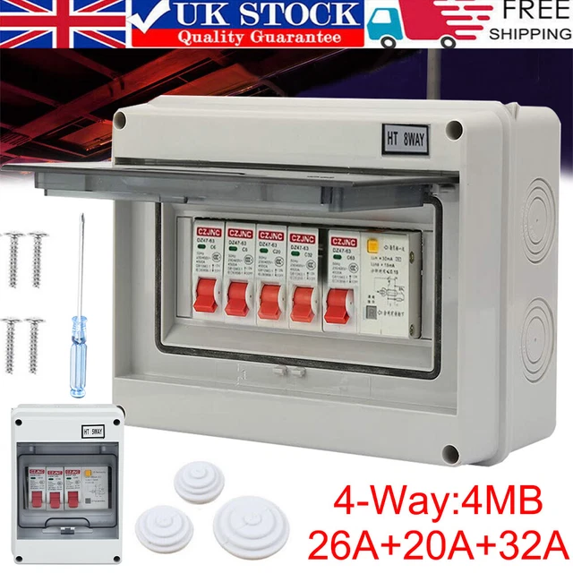 4 WAY CONSUMER Unit fuse box 4 MCB Circuit Breakers Isolator Shed ...