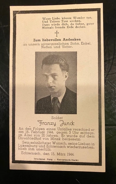 STERBEBILD WK 2/DEATH Card WW2 Luxembourg Luxemburg Echternach Junck F ...