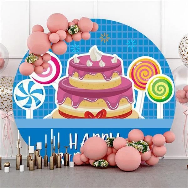 CAKE AND CANDY Blue Round Happy Birthday Party Backdrop $37.94 ...