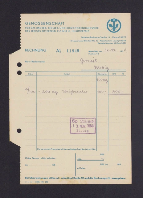 BITTERFELD, RECHNUNG 1953, Genossenschaft für das Bäcker-Müller ...