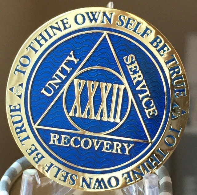 32 YEAR AA Medallion Blue Gold Plated Alcoholics Anonymous Sobriety ...