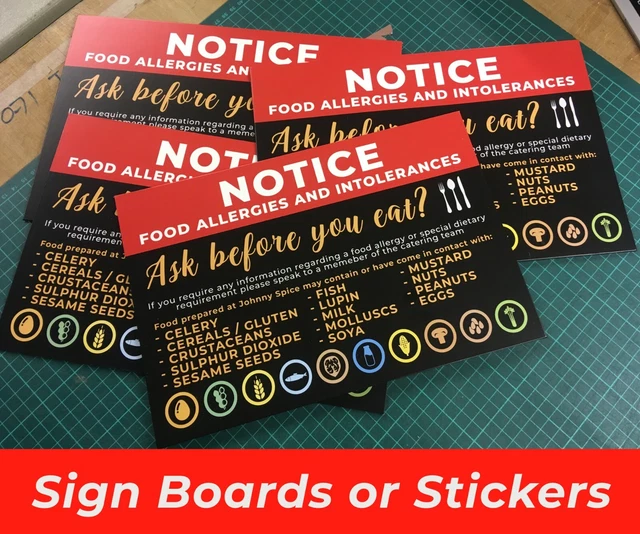 FOOD ALLERGY SIGN Board, Poster or Stickers Takeaway Restaurant Warning ...