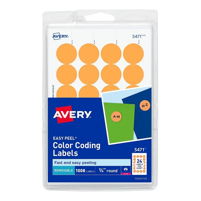 AVERY PRINTABLE REMOVABLE Color-Coding Labels 3/4" dia Neon Orange 1008 ...